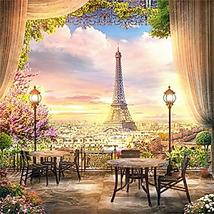 Leowefowa 5X5FT Vinyl Backdrops Photography Background Eiffel Tower Wooden Chair Desk Curtain Flowers Romantic Backdrop for Kids Lover 1.5(W) X1.5(H) M Photo Studio Props