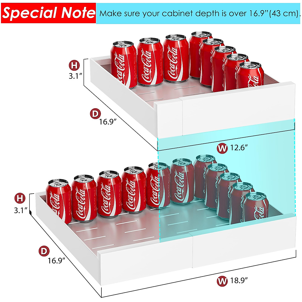 HBL' 1 Pack | 16.9" Deep Pull Out Cabinet Drawer Organizer Adhesive, (12" to 20") Width Expandable Carbon Steel Roll-Out Drawers for Face Frame or Frameless Cabinets,Slide-Out Shelves for Pantry.