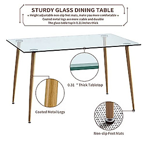 Glass Dining Table Set for 4, 51 inch Dining Table & Chair Sets with Light Wood Metal Legs for Kitchen, Modern Rectangle Tempered Glass Table Top and Transparent Plastic Dining Chair for Dining Room