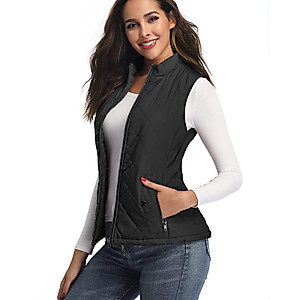 LONGKING Black Women's Vest, Stand Collar Lightweight Zip Quilted Vest for Women L