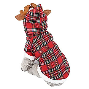 Filhome Puppy Dog Christmas Reindeer Costume, Pet Cat Elk Costume Hoodie Christmas Winter Coat Clothes Xmas Outfit Apparel for Party Cosplay Xmas Pet Dress Up(Red Plaid/L)