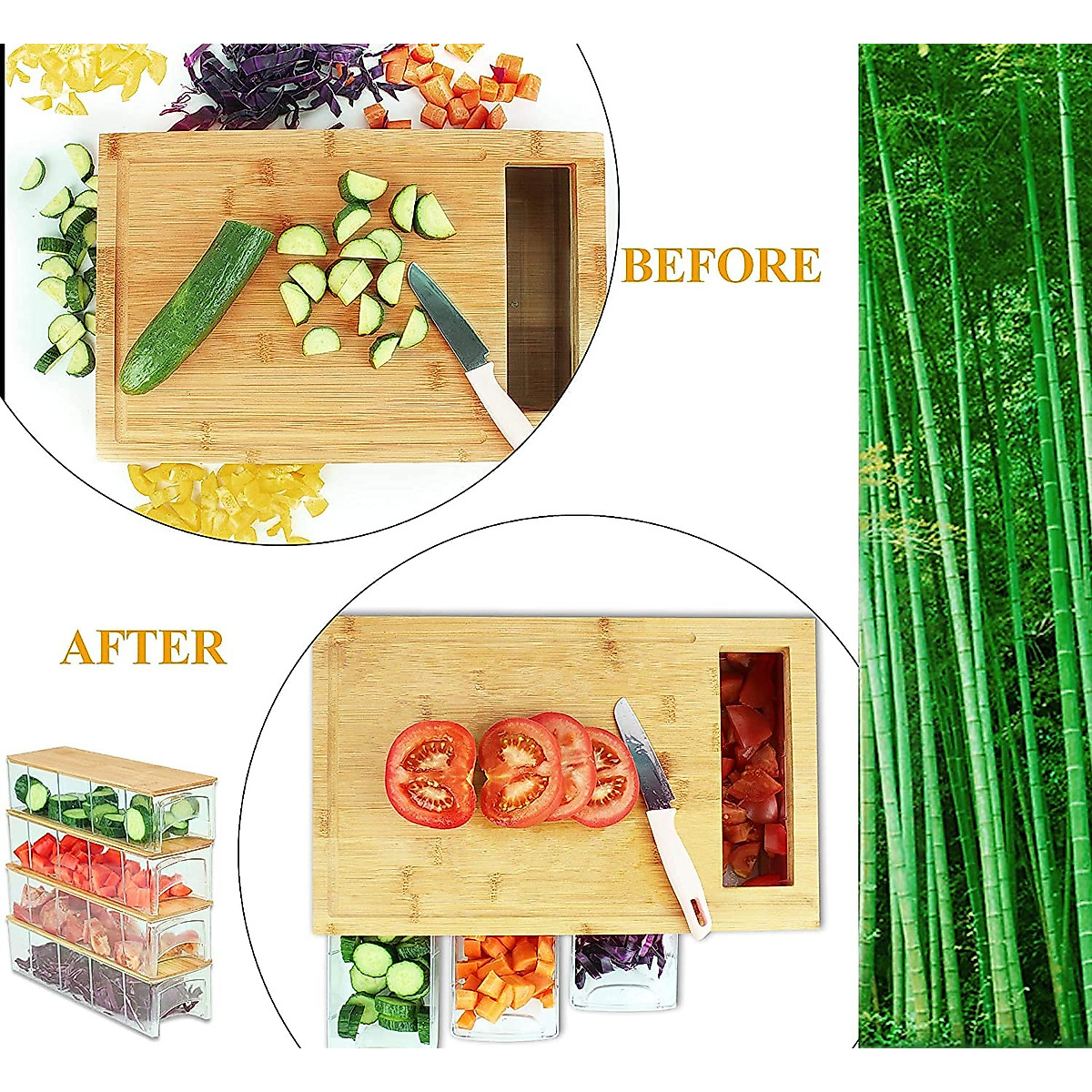 Bamboo Cutting Board with 4 Containers, Large Chopping Board with Juice Grooves, Easy-grip Handles & Food Sliding Opening, Carving Board with Trays for Food Storage, Transport and Cleanup