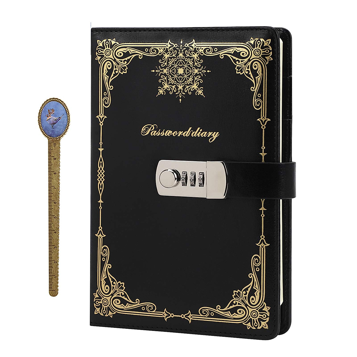 IPENNY A5 Vintage Leather Journal with Combination Lock Digital Password Journal with Bookmark Pen Loop Retro Privacy Notebook Writing Travel Diary Locking Journal, 100 Sheets (#2,Black)