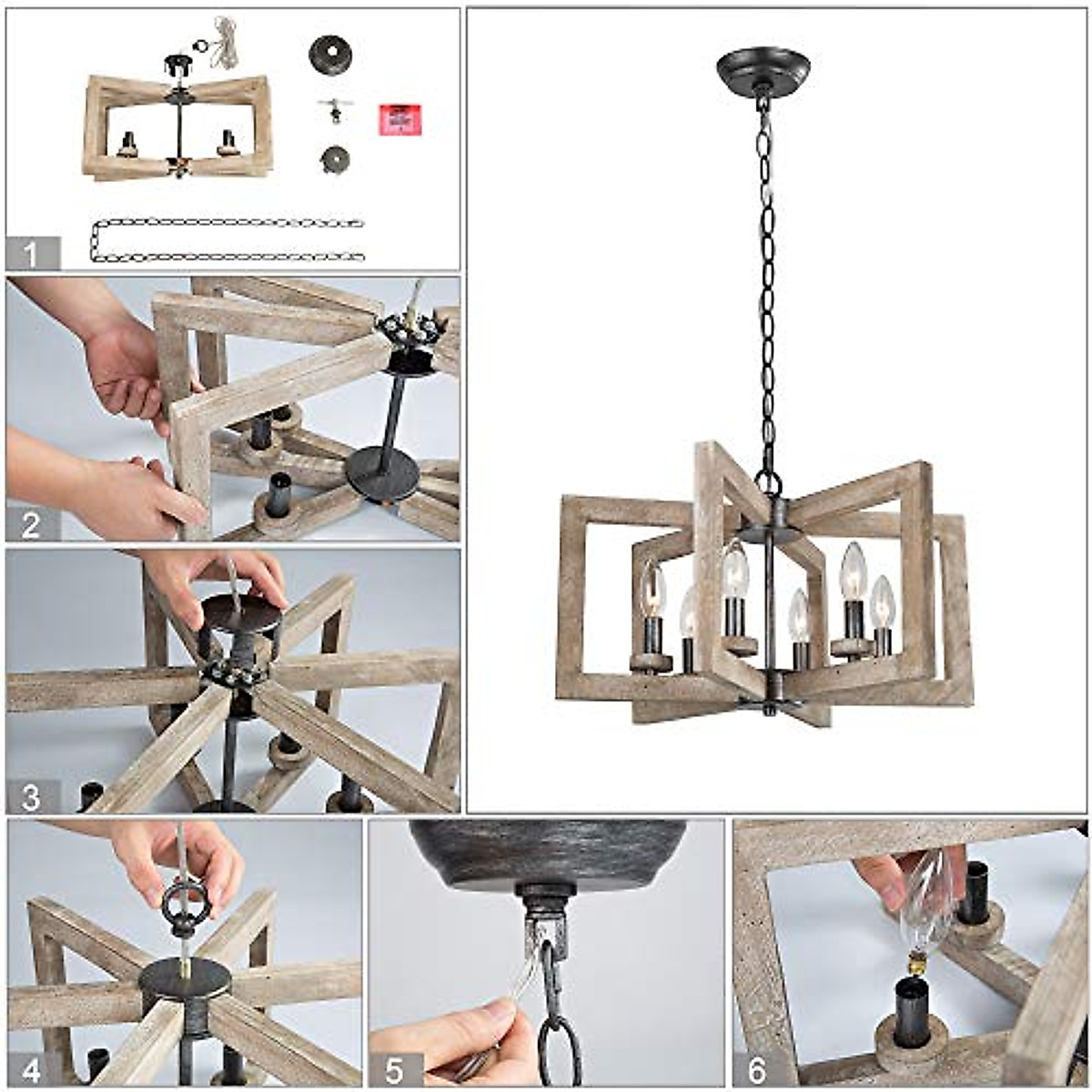 RUZINIU Farmhouse Chandelier for Dining Room, 6-Light Farmhouse Light Fixture for Kitchen Island, 20" Dia