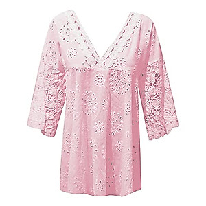 Andongnywell Women's Casual V Neck Tops Hollow Out Loose Cut Out Embroidered Shirt Tunic Blouses Tops (Pink,6,3X-Large)