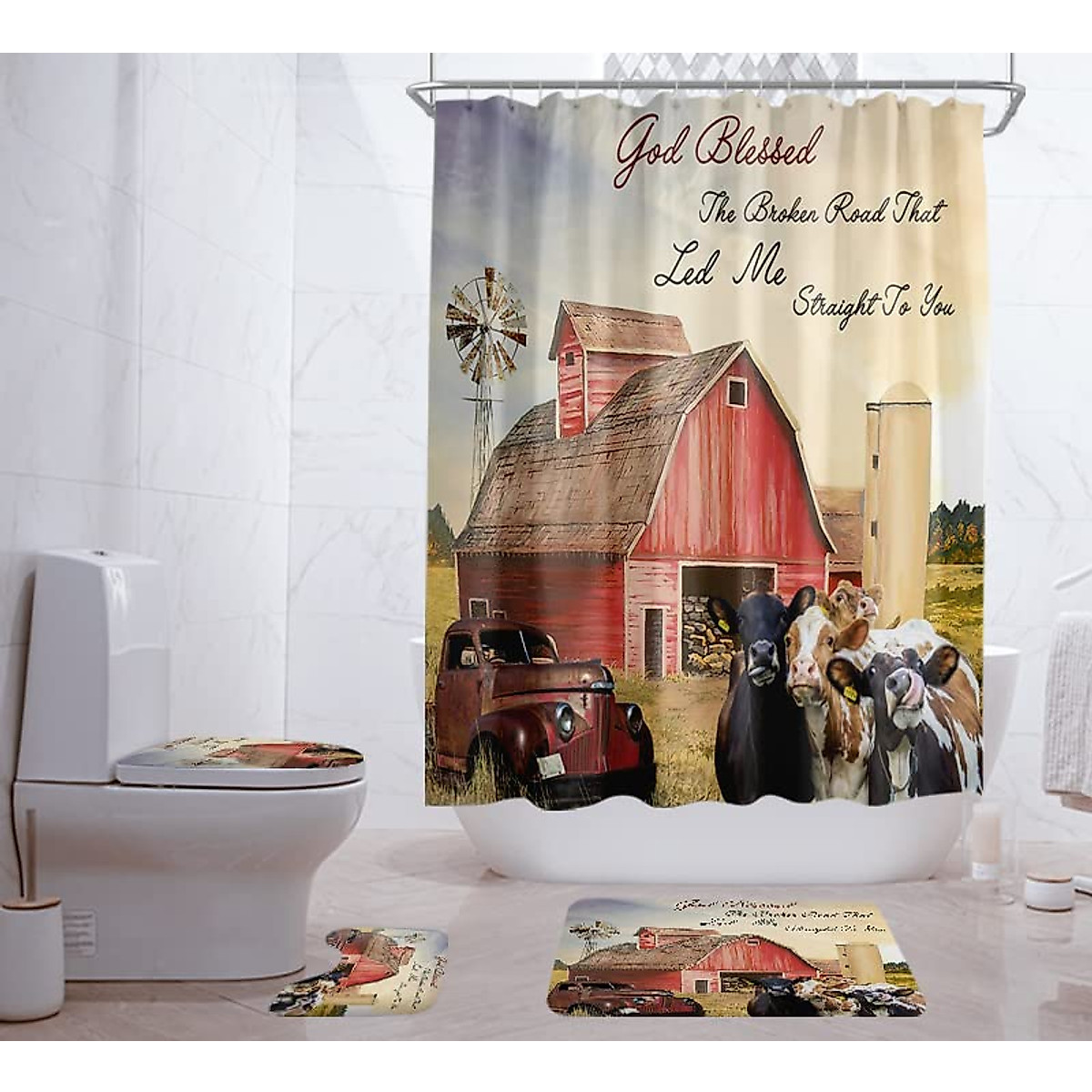 StarBlue-HGS Animal Cows Dairy Cattle Pasture Waterproof Shower Curtain Set Farm Log Cabin Automobile Bathroom Bathtub Mat Toilet Cover Mat Set