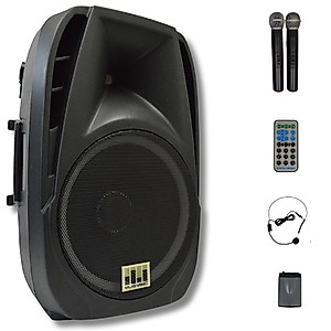 MUSYSIC PA Power Bluetooth Speaker 2000W with Dual UHF Wireless Microphones Bluetooth/FM/USB/SD PA System 15” Speaker with Rechargeable Battery MU-U15PA