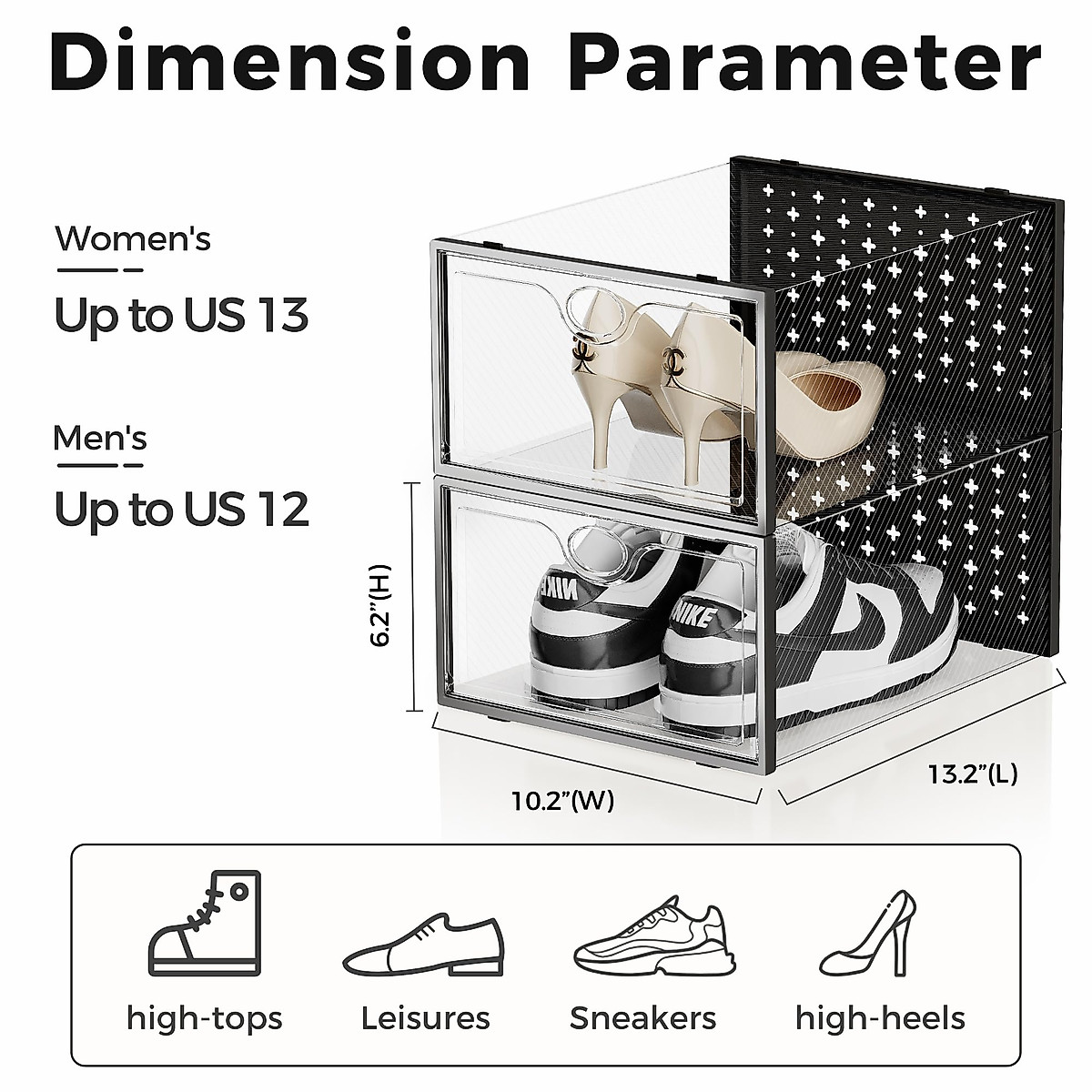 Pinkpum 15 Pack X-Large Shoe Storage Boxes, Shoe Organizer for Closet Clear Plastic Stackable Shoe Dispaly Case Bins Holder, Sneaker Storage for Sneakerheads Black