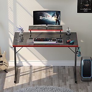 Bestier Gaming Desk with LED Lights 44" Small Computer Desk for Home Office Table with Cup Holder and 2 Headphone Hooks, Black