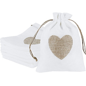 20 Pieces Burlap Bags, 5x7 Inch Drawstring Gift Bags with Heart Hessian Jute Bags Jewelry Candy Pouches for Wedding, Baby Shower and Christmas Party Favors DIY Craft (White)