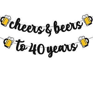 40 Birthday Banner Cheers to 40 Years Decorations for Men Women Him Her Happy Forty Birthday Anniversary Party Supplies Black Glitter PRESTRUNG