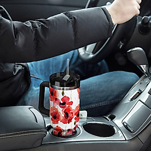 Yasala Car Tumbler with Handle Poppy Watercolor Travel Mug Coffee Cup Insulated Beverage Container Mega Cup for Hot Cold Drinking Thermos Water Bottle Cupholder Friendly 40 oz