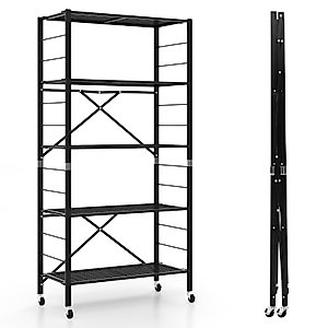 GOFLAME 5-Tier Folding Storage Shelf, Adjustable Shelves with Wheels, Detachable Shelving Unit, Large Capacity, Storage Rack for Garage, Kitchen, Balcony, Living Room, Black