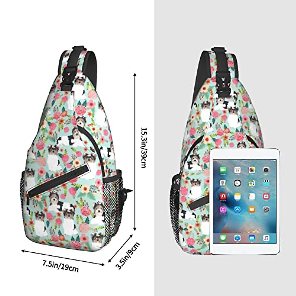 Cute Biewer Terrier Dogs Rose Flower Floral Funny Animal Dog Puppy Sling Bag Folding Chest Shoulder Backpack Crossbody Bags For Men Woman Travel Gym School Ipad Camera 3D Print Backpacks Holiday Gifts
