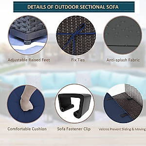 Kullavik Outdoor Patio Furniture Set, 7-Piece Patio All-Weather Outdoor Sofa, PE Wicker Combo Set with Coffee Table and Washable Sofa Seat Cushions (Navy Blue)