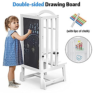DORPU Toddler Kitchen Stool Helper for Kids, Adjustable Height Toddler Tower with Double-Side Art Board, Anti-tip Montessori Kids Learning Kitchen Step Stool