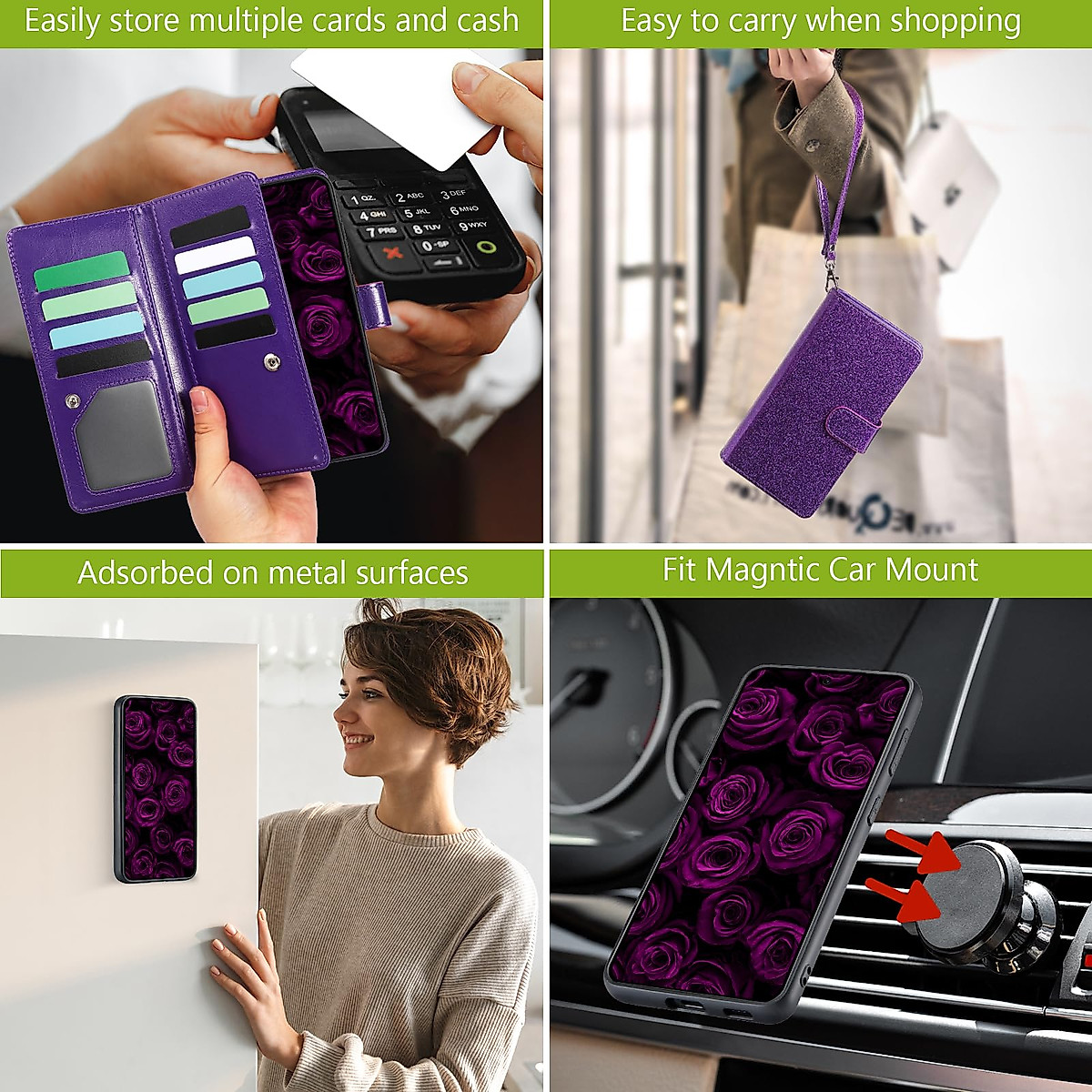 Varikke Compatible with Samsung Galaxy A14 5G Case, Detachable Magnetic Wallet Case with Card Holder, Kickstand, Wrist Strap, Glitter PU Leather Flip Phone Cover for Women Men, 6.6 Inch, Dark Purple