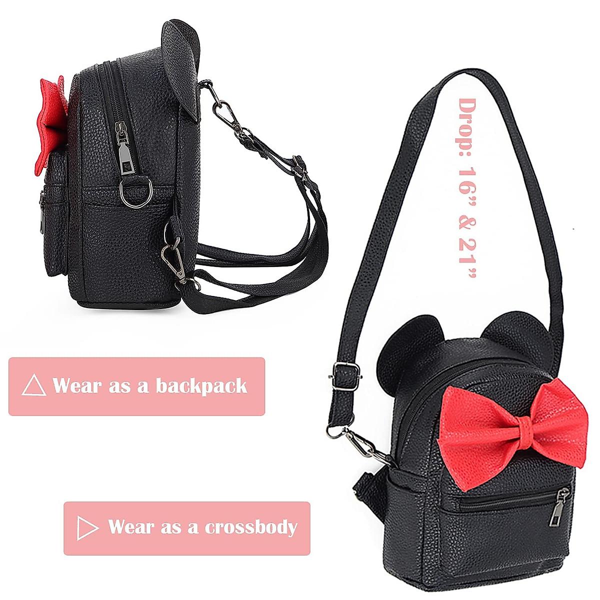 Sunwel Fashion Girls Mini Backpack Purse Mouse Ear Polka-dot Sequin Bow Convertible Backpack to Crossbody Bag for Women (black cotton polkadot bow, W8.7 x H10)