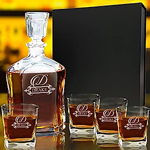 Personalized 5 pc Whiskey Decanter Set - Decanter and 4 Glasses Gift Set - Custom Engraved with Fancy Design