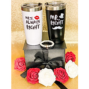 Mr. Right Mrs. Always Right Travel Tumbler Set, Wedding Engagement Gifts for Husband Wife Newlywed Couples Bride Groom Anniversary Bridal Shower, 20oz Stainless Steel Travel Tumbler, Black and White