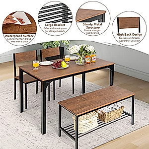 Tangkula 4-Piece Dining Table Set, Kitchen Table with Bench and Chairs, Metal Frame, Space-Saving Furniture, Modern 4-Person Dinette for Kitchen, Dining Room