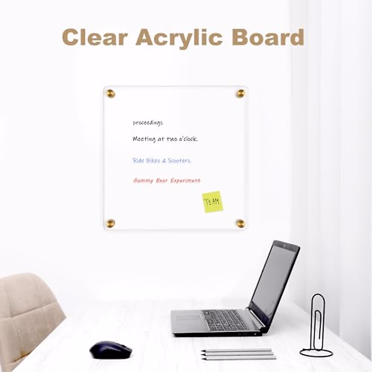 AMUSIGHT Clear Acrylic Dry Erase Board，12" X 12" Golden Non-Magnetic Acrylic White Board for Wall，Clear Erasable Acrylic Board for Office, School or Home，2 Markers