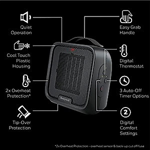 Honeywell UberHeat Plus Ceramic Space Heater for Small Rooms, Quiet, Compact Personal Heater with Variable Heat Settings and Auto-off Timer, Black, HCE220B