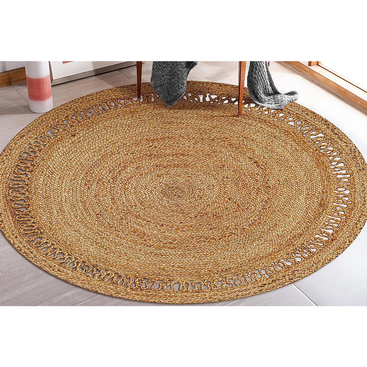 Bedding Craft Hand Woven Farmhouse Jute Area Rug 4 Ft Round Natural Yarn, Rustic Vintage Beige Braided Reversible Rug, Eco Friendly Rugs for Bedroom, Kitchen, Living Room, Farmhouse 100% Jute Rug