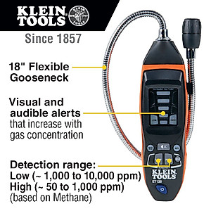 Klein Tools ET120 Gas Leak Detector, Combustible Gas Leak Tester with 18-Inch Gooseneck Has Range 50 - 10,000 ppm, Includes Pouch, Batteries