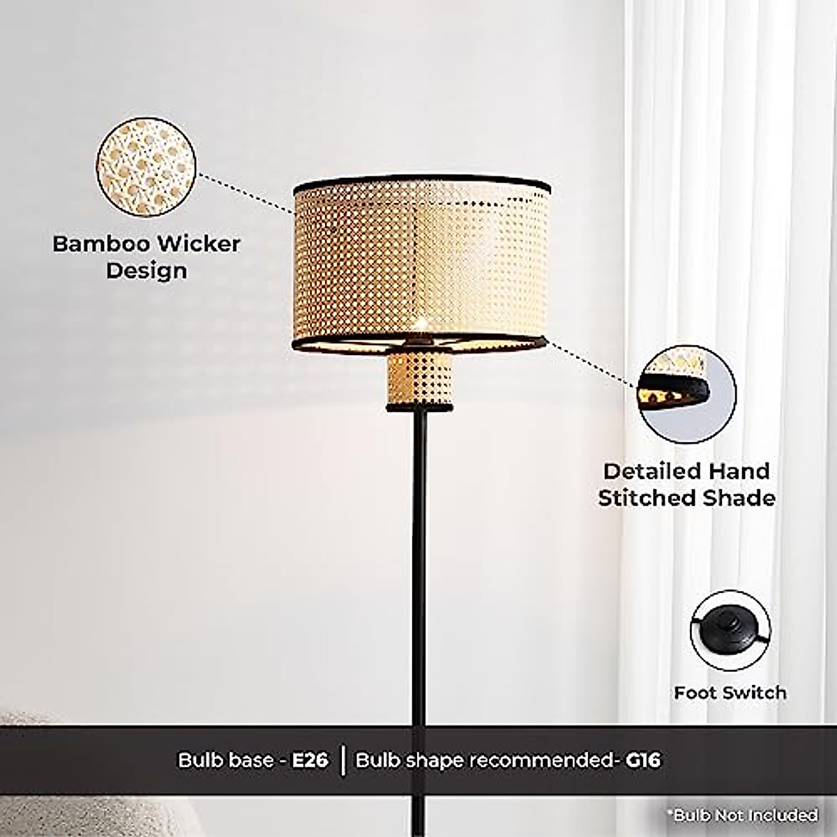 VidaLite Nakuv - Modern Bohemian Floor Lamp with 2 Tier PVC Rattan Shade and Velvet Stiched Rim for Foyer, Kitchen Living Room, Bedroom, Beige
