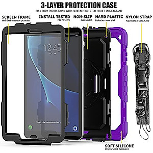 CLARKCAS Case for Samsung Galaxy Tab A 10.1 Case 2016 SM-T580/T585 with Screen Protector Kids Shockproof Rugged Cover Pencil Holder 360 Kickstand Hand Shoulder Strap Purple