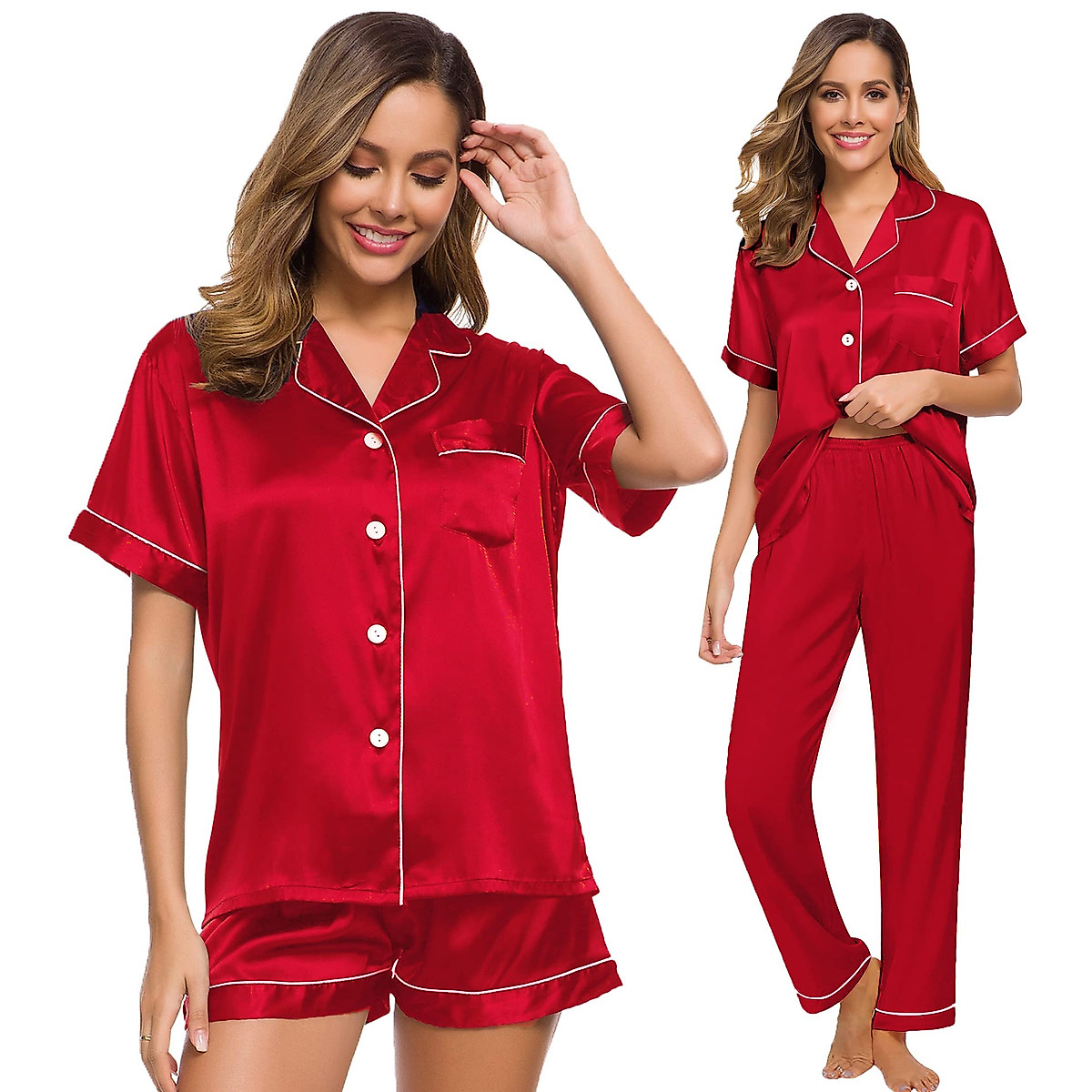 SWOMOG Womens 3pcs Pajamas Set Silk Satin Short Sleeve Sleepwear Button Down Loungewear Pjs Nightwear Red Medium