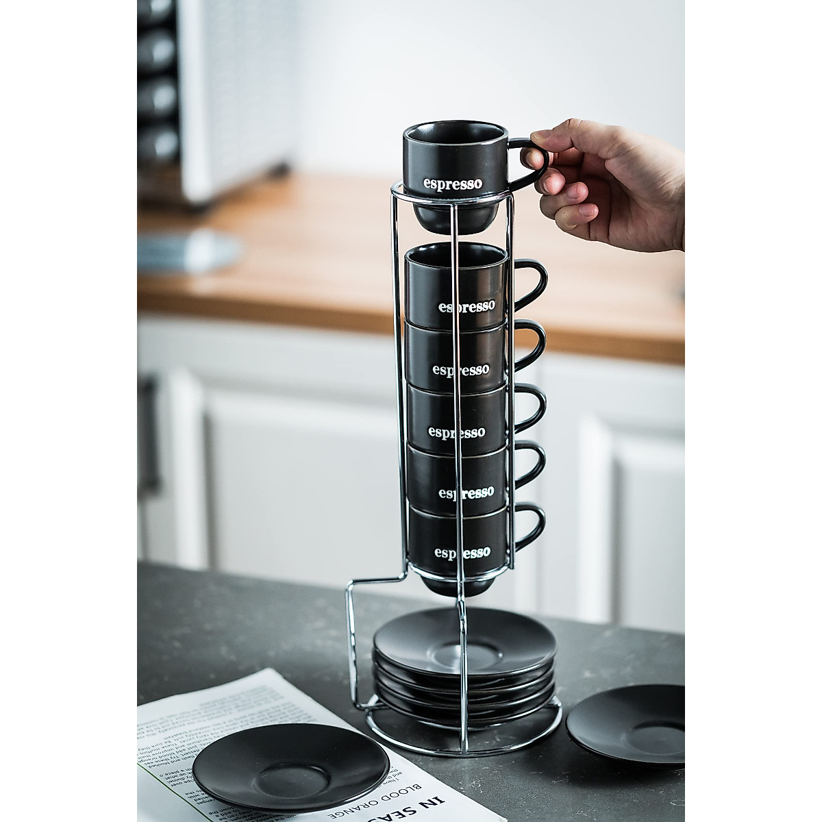 Espresso Cups with Saucers Set, Porcelain Coffee Cups Set with Metal Stand 4 OZ Stackable Demitasse Cups for Latte, Cafe, Mocha and Cappuccino, Tea Cup Set of 6, Thanksgiving Gifts, Black