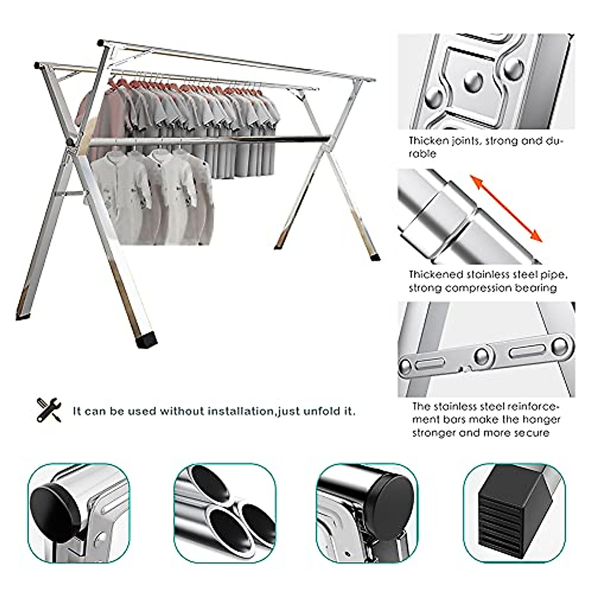 AIODE Clothes Drying Rack for Laundry Foldable, 79 inch Stainless Steel Pool Towel Rack Outdoor Free Standing Clothing Hanger Indoor