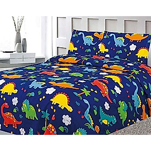 Sapphire Home 4 Piece Dinosaur Full Bed Sheets for Kids - Fitted Sheet, Kids' Sheet & Pillowcase Sets - Dinosaur Room Decor for Boys - Toddler Bed Sheet - Full Size