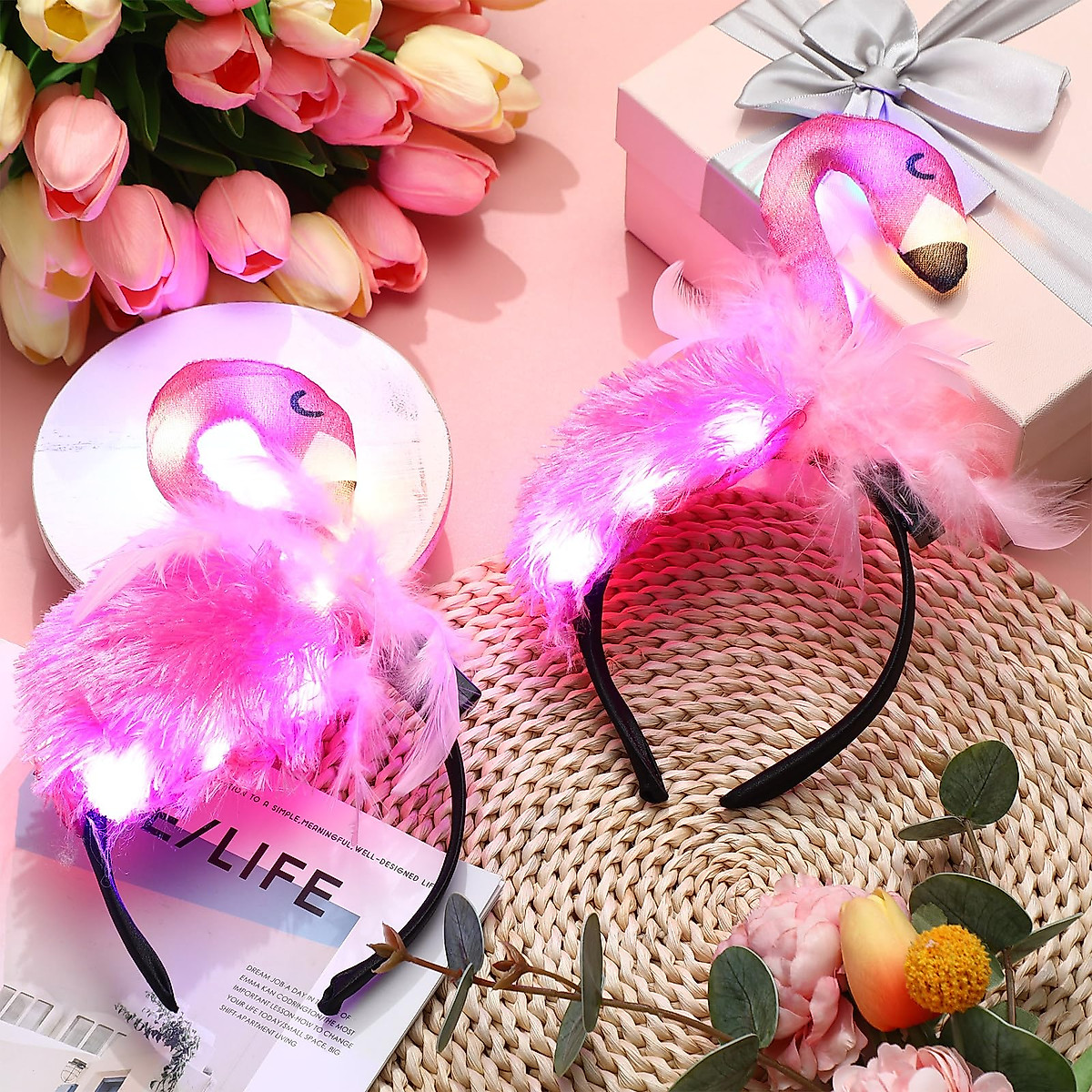 Solsew 6 Pcs LED Hawaii Flamingo Headband Pink Light up Flamingo Headdress Flamingo Accessories 3D Glowing Headwear Hair Hoop Animal Cosplay Hairband for Adult Women Hawaiian Summer Party