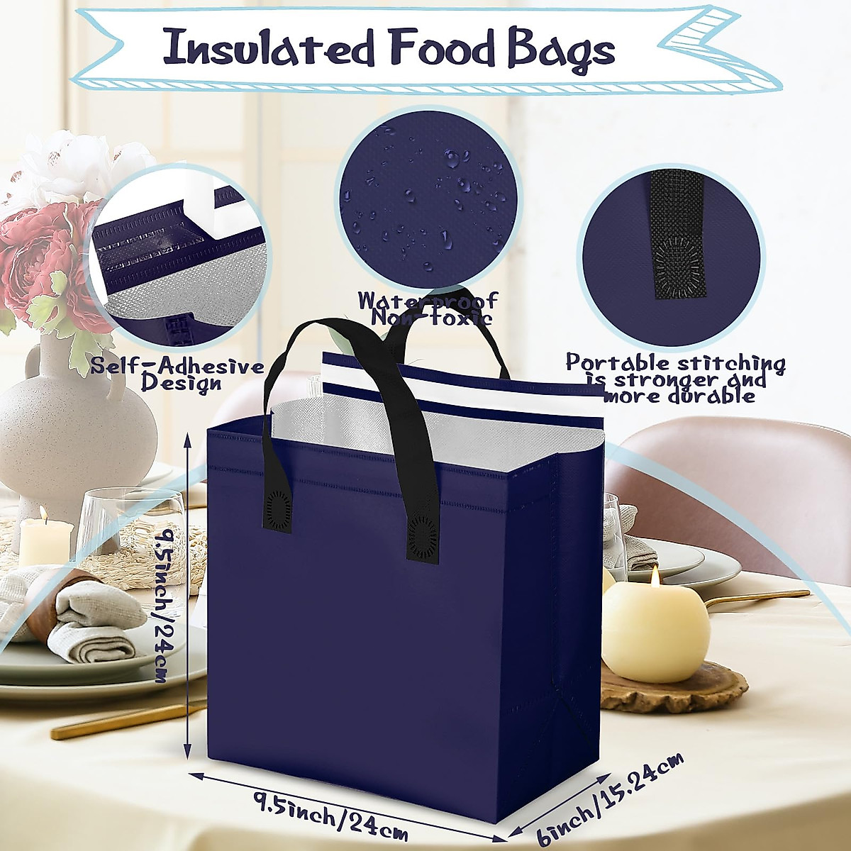 Kacctyen 150 Pcs Insulated Take Away Bags Bulk 9.5 x 9.5 x 6 in Thermal Insulation Food Bag for Coffee Milk Tea Hot Cold Seafood Cooler Bag Pizza Delivery Bags for Restaurant Grocery(Navy Blue)