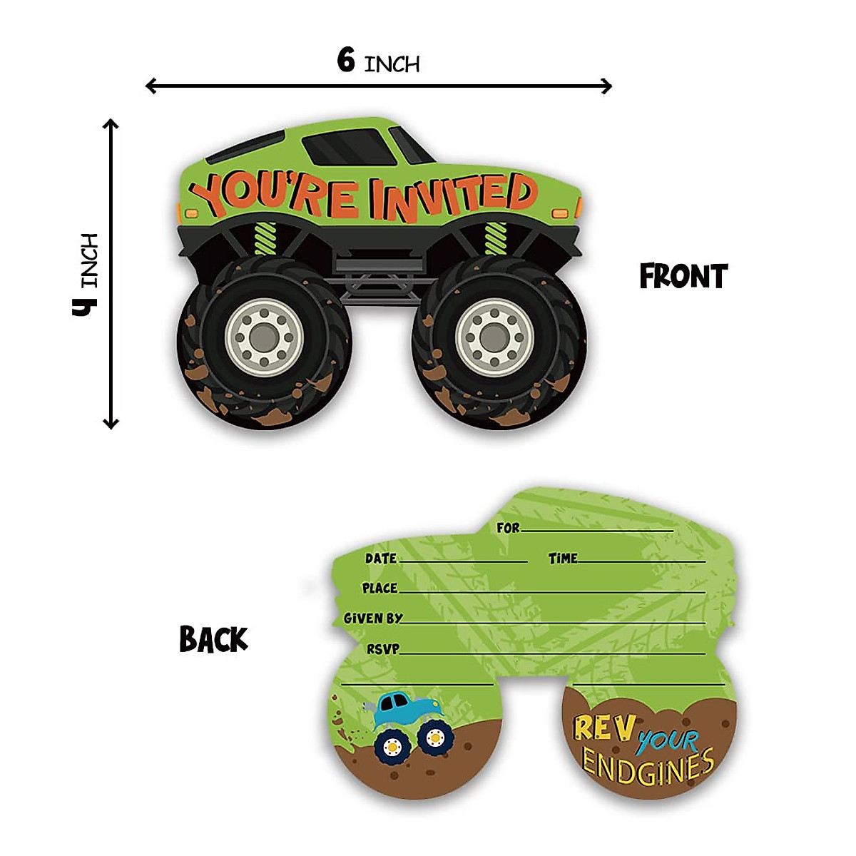 Grace Yonks Truck Bash Invitation, Truck Birthday Invites, 20 Invitations and Envelopes, Birthday party Invitations, Birthday Party Supplies.(088)