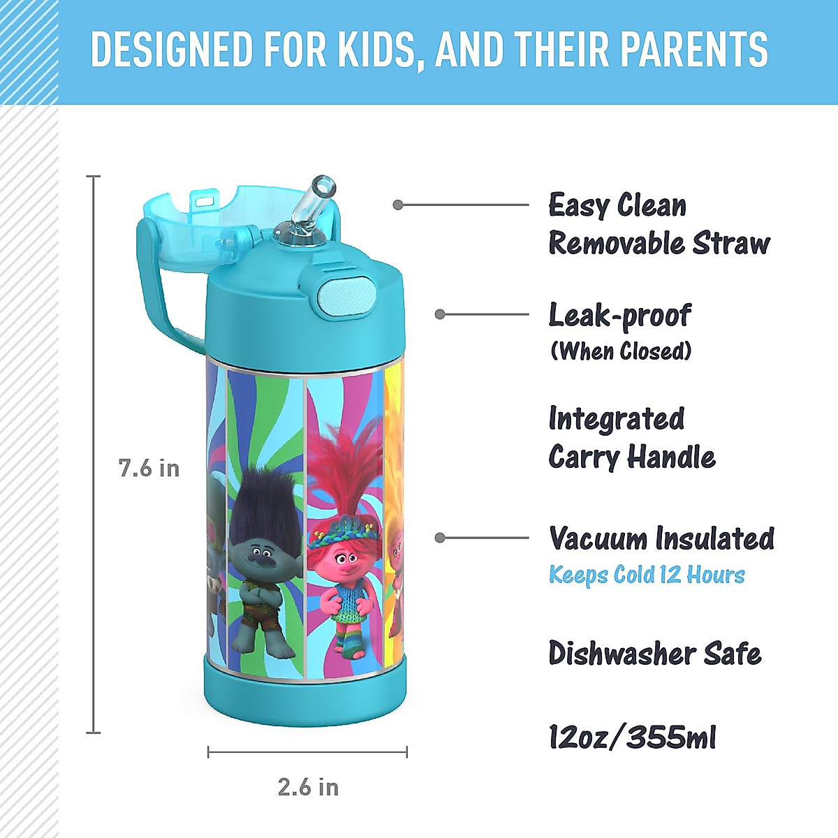 THERMOS FUNTAINER Water Bottle with Straw - 12 Ounce, Trolls 3 - Kids Stainless Steel Vacuum Insulated Water Bottle with Lid