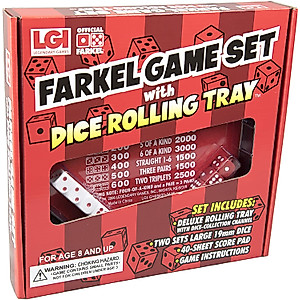 Farkel Game Set with Deluxe Dice Rolling Tray, Built-in Dice-Collection Channel, 2 Sets of Dice, 40-Sheet Scorepad, Classic Family Game
