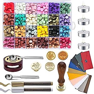 Wax Seal Kit, Wax Seal Stamp Kit with 648 Pcs Wax Seal Beads, 2 Wax Stamps, 10 Envelopes, 1 Warmer, 2 Metal Pens, 2 Spoon and 4 Candles, Ideal for Wedding Invitations, Gift Wrapping, Christmas Letters