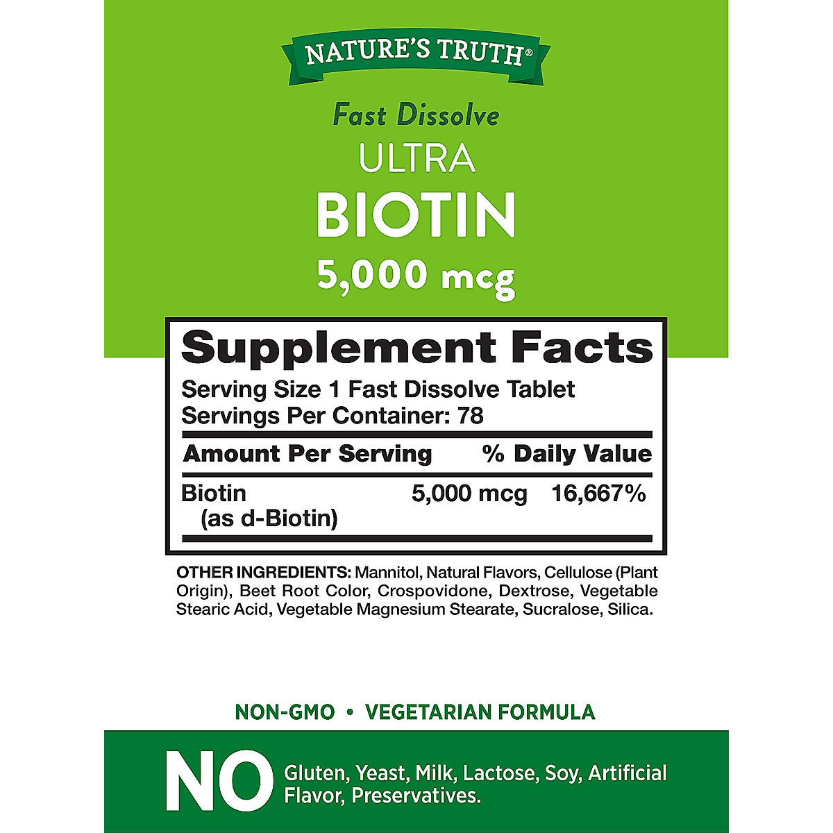Nature's Truth Ultra Biotin 5000mcg | 78 Fast Dissolve Tablets | Hair Skin and Nails Supplement | Natural Berry Flavor | Vegetarian, Non-GMO, Gluten Free