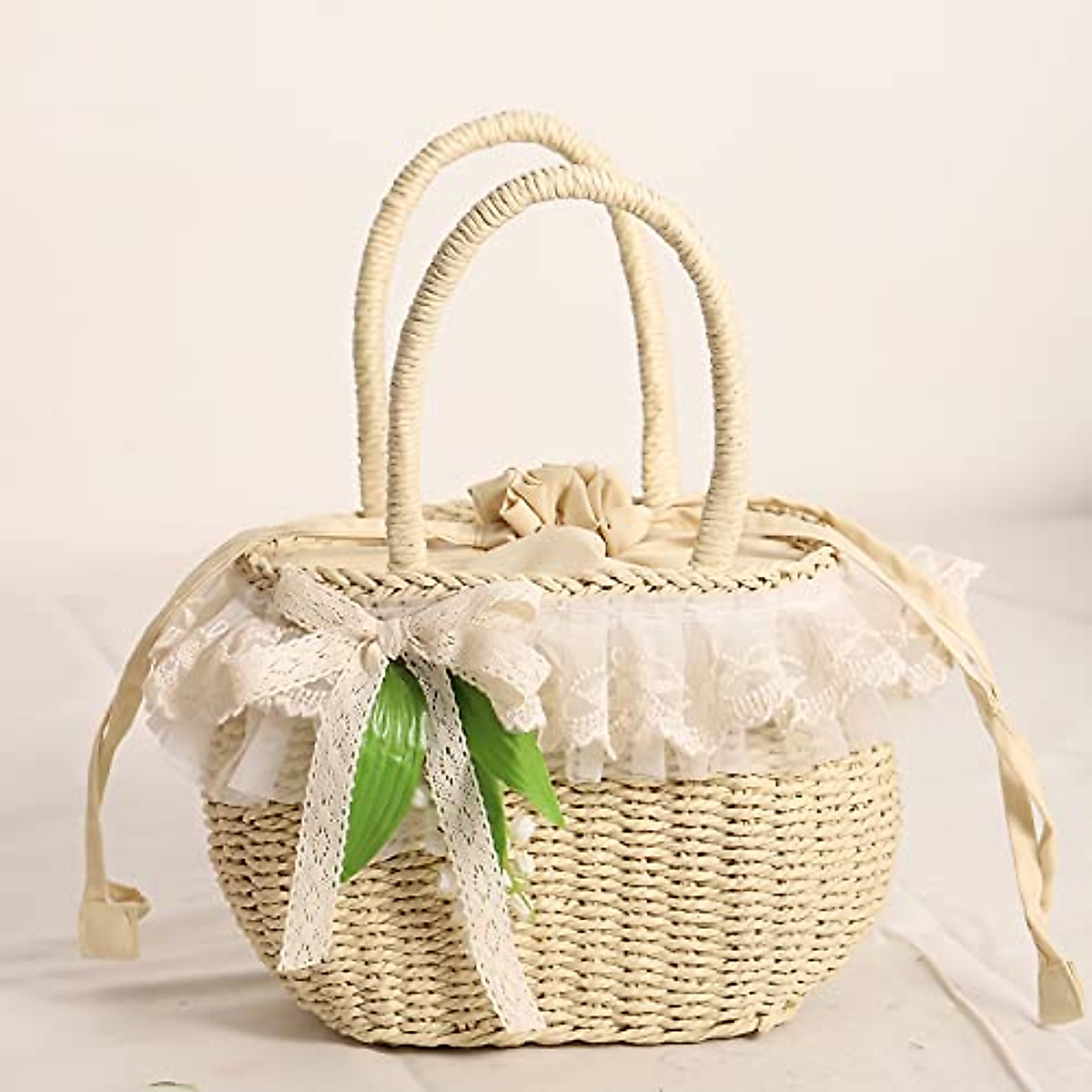 GK-O Mori Girls Handmade Straw Bag Handbag Basket Woven Bag Sweet Knit Lolita Lace Bag Summer Rattan bag (White)