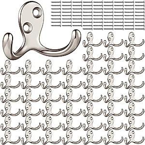 40 Pcs Heavy Duty Double Prong Coat Hooks Wall Mounted with 80 Screws Metal Retro Double Hook Utility Hook Rustproof Hardware Wall Hook for Coats, Scarves, Bags, Key, Towel, Hats, Mugs (Silvery)