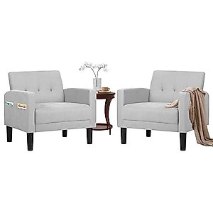 TYBOATLE Mid-Century Modern Fabric Accent Living Room Arm Chairs Set of 2, Upholstered Tufted Bedroom Office Single Armchair, Reading Lounging Side Lounge Chair Living Room Furniture (Light Grey)