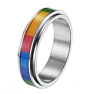 HIJONES Men's Women's Stainless Steel 6mm Tiny Stacking Rainbow Spinner Fidget Ring Couple Wedding Jewelry Silver Size 12