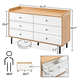MAISONPEX Dresser for Bedroom with 6 Drawers and Metal Handle,Sturdy Frame Modern Bedroom Furniture, Chest of Drawers, White Dressers with Drawers for Closet Hallway, Living Room, Entryway