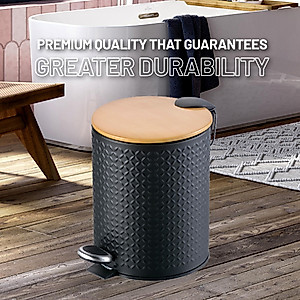 AWENN - Kitchen Garbage Trash Can with Wooden Lid and Pedal - Touchless Round Shape Waste Bin - Stainless Steel Dustbin for Kitchen, Bathroom, Office and Outdoors – Black (1.3 Gallon – 5 Liters)
