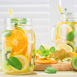 Simple Elements Mason Jar with Handle and Lid with Straw Hole - Mason Jars for beverages, drinks, liquor, juice or water - 3"W x 5.5"H - 12 oz - Set of 8