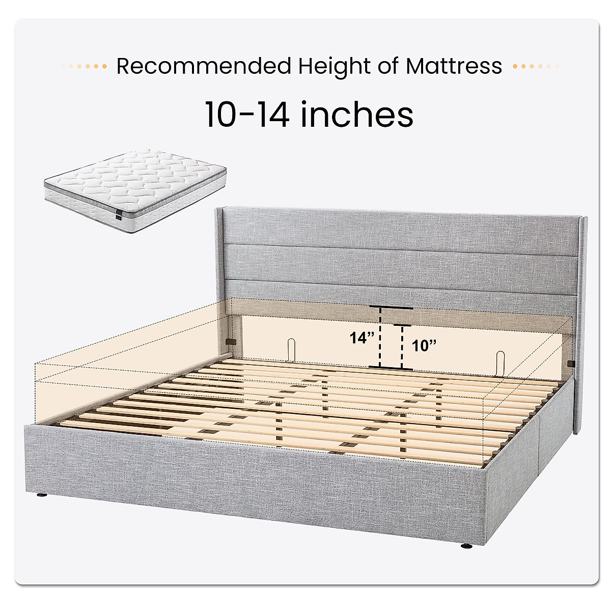 SHA CERLIN King Size Lift Up Storage Bed/Modern Wingback Headboard/Upholstered Platform Bed Frame/Hydraulic Storage/No Box Spring Needed/Wood Slats Support/Light Grey